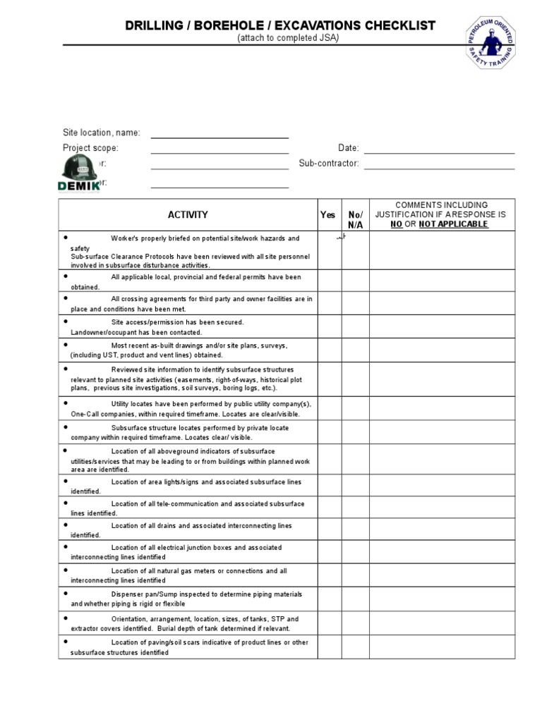Excavation Safety Clearance Checklist | PDF | Excavation (Archaeology ...