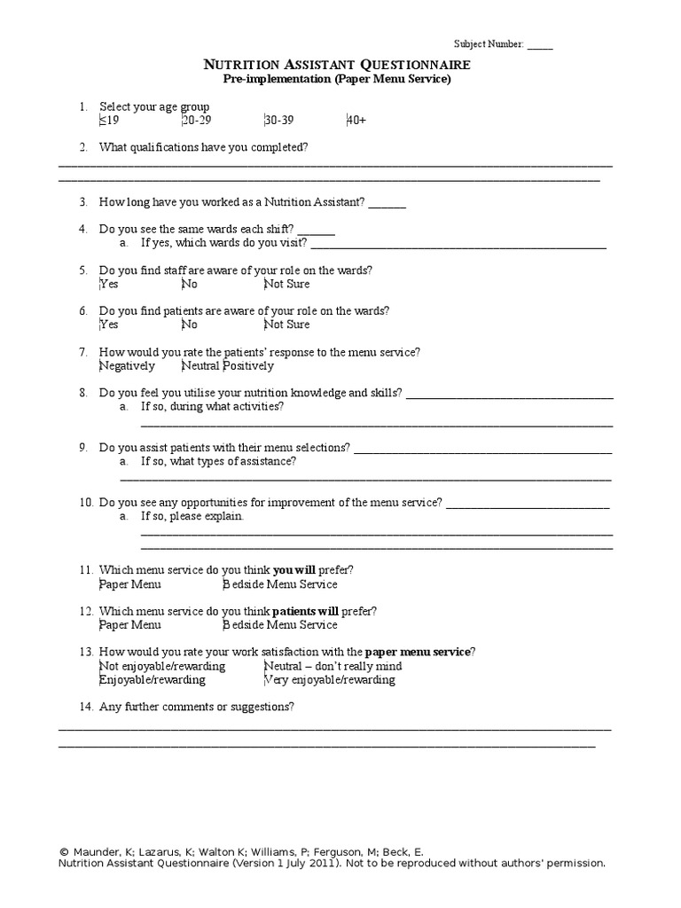 Nutrition Assistant Questionnaires | PDF | Nutrition | Diet & Nutrition
