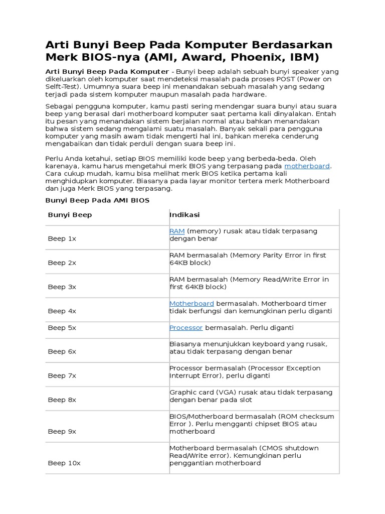 Arti Bunyi Beep Pada Komputer Berdasarkan Merk BIOS | PDF | Game & Aktivitas