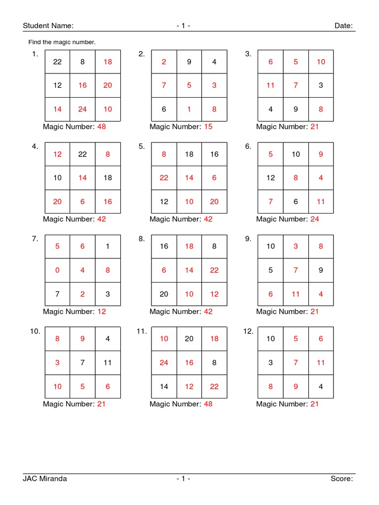 Magic Square Worksheets and Solutions | PDF