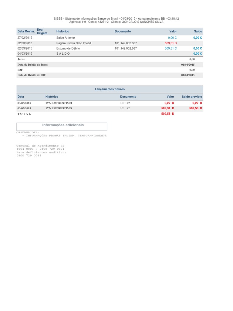 Extrato Banco Do Brasil PDF | PDF