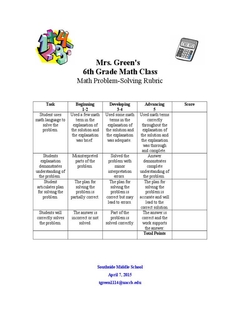 Mrs. Green's 6th Grade Math Class: Math Problem-Solving Rubric | PDF