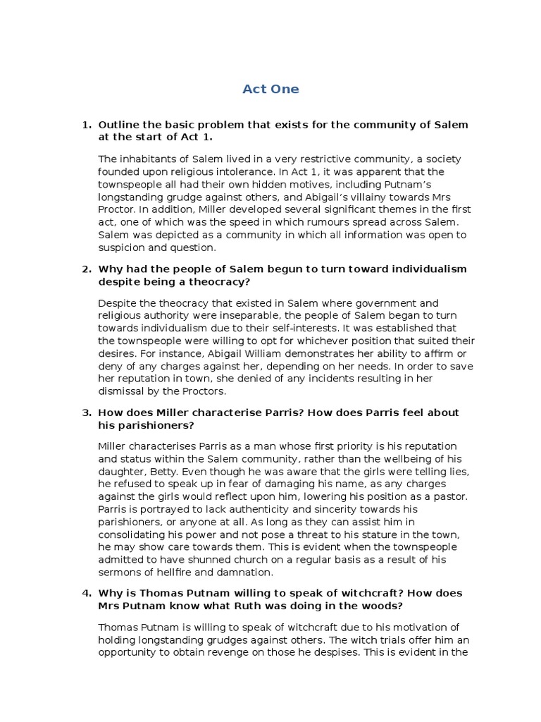 The Crucible Act One Questions | PDF | Witch Trials | Early Modern ...
