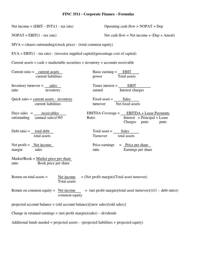 FINC 3511 - Corporate Finance - Formulas | PDF