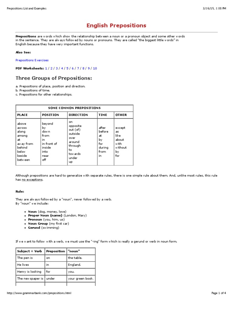 Prepositions List and Examples | PDF | Preposition And Postposition | Verb