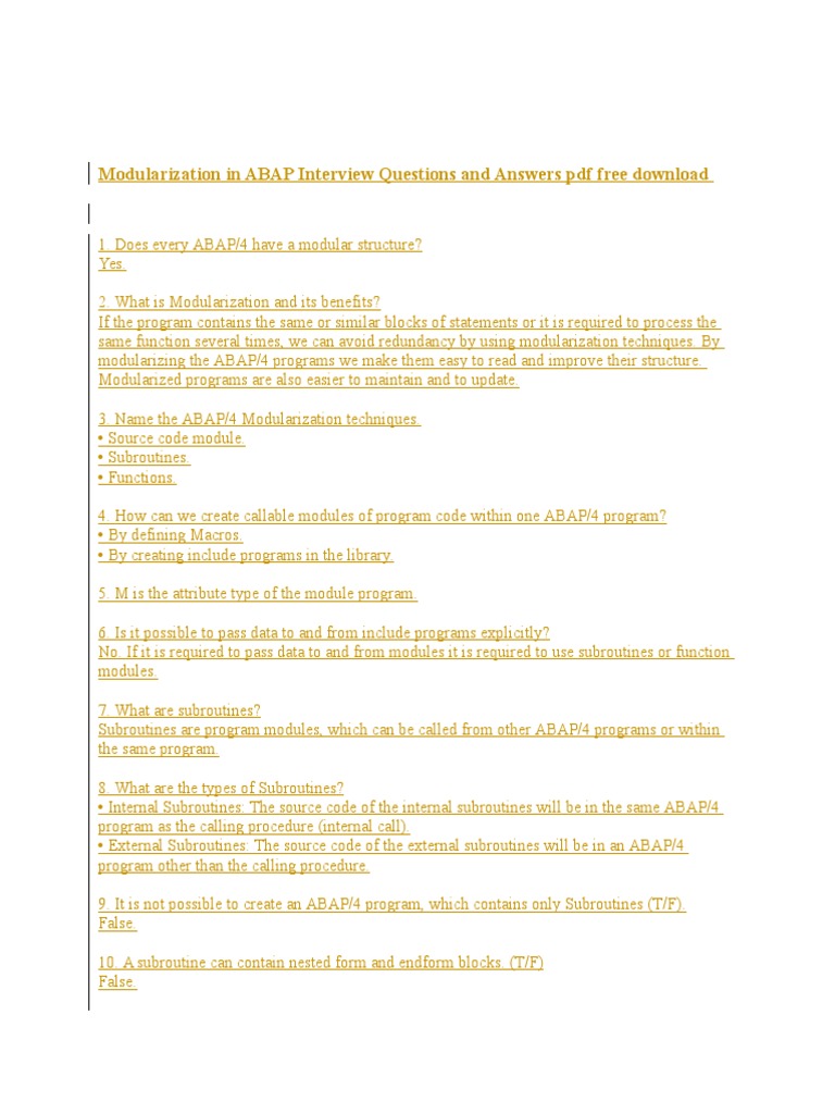 Modularization In Abap Interview Questions And Answers Pdf Pdf Parameter Computer