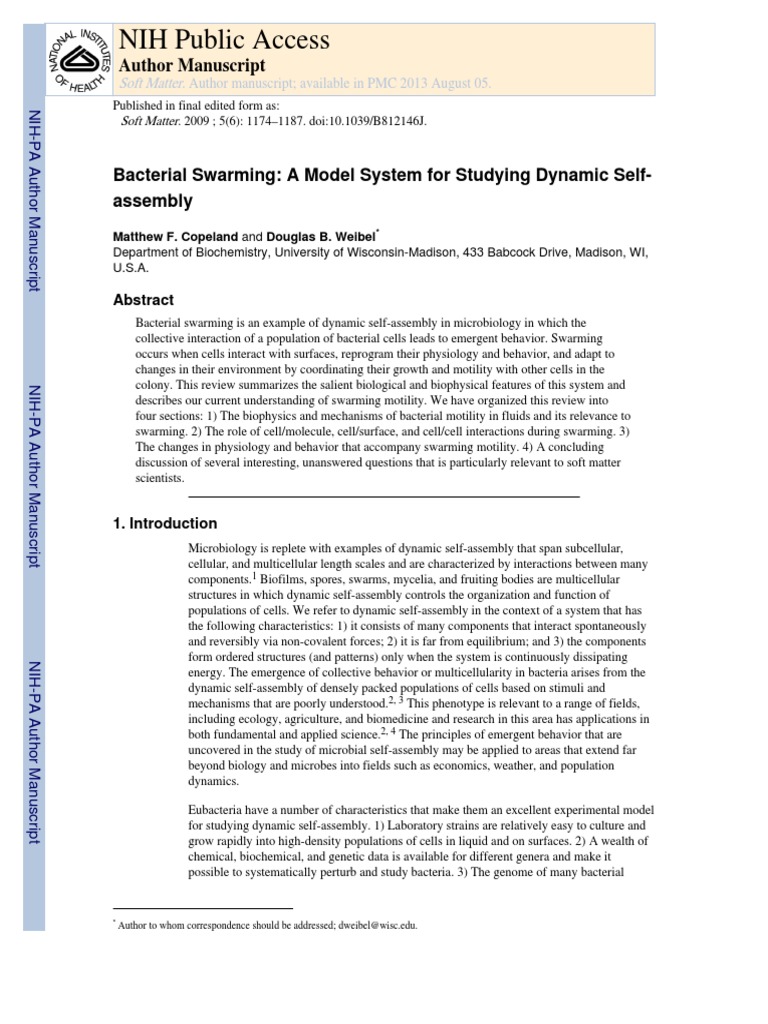 NIH Public Access: Bacterial Swarming: A Model System For Studying Dynamic Self-Assembly | PDF ...