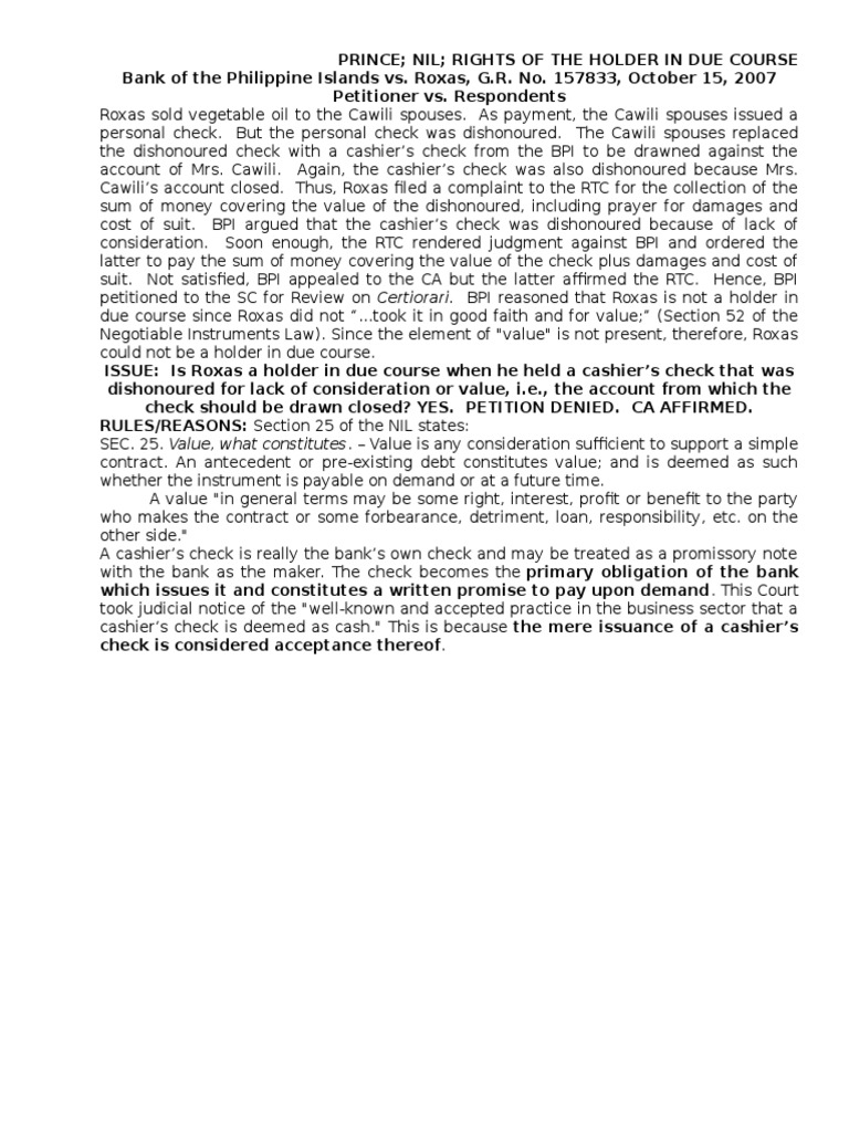 BPI Vs Roxas Digest | PDF