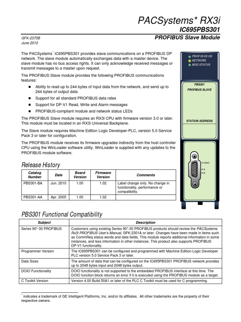 Pacsystems Rx3i Profibus Slave Module, Ic695pbs301-Ba, Gfk-2375b | PDF | Bit Rate | C ...