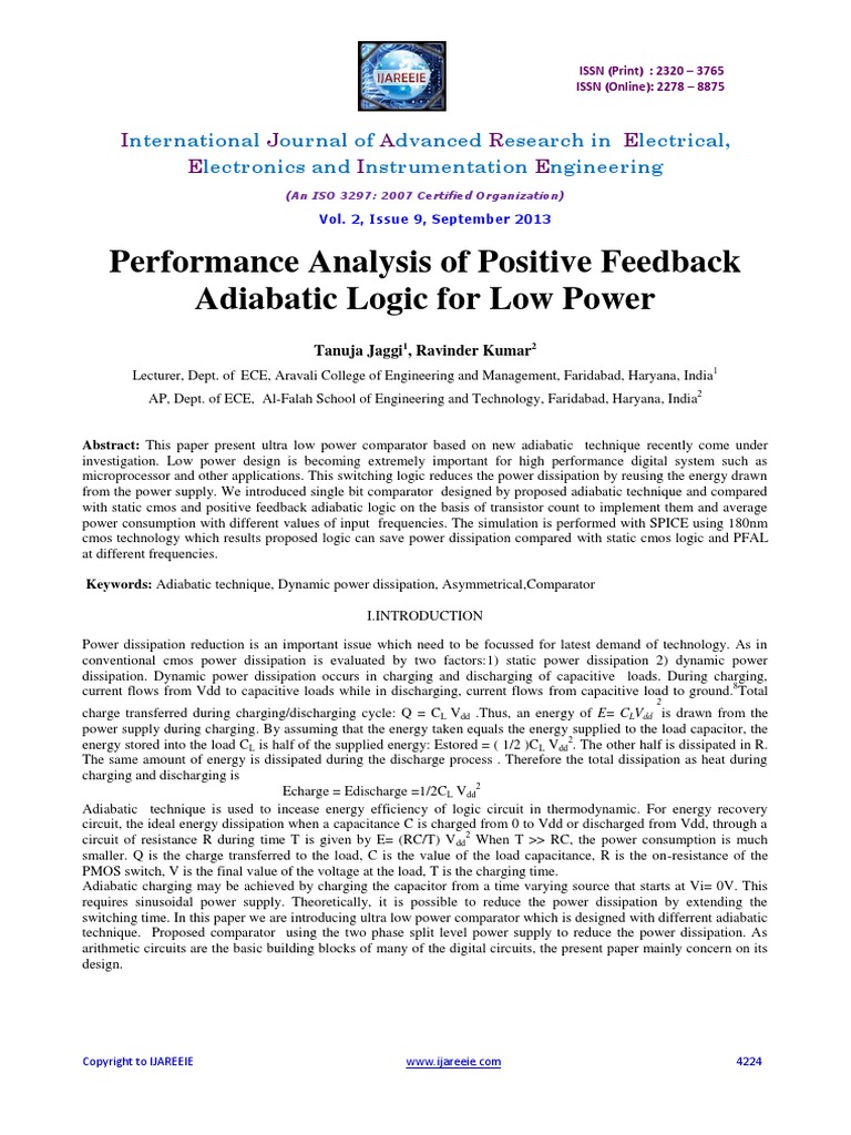 Performance Analysis of Positive Feedback Adiabatic Logic For Low Power | PDF | Cmos | Logic Gate