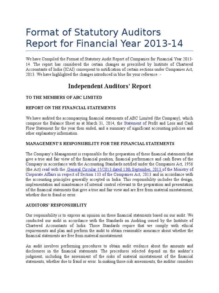 Format of Statutory Auditors Report For Financial Year 2013-14 | PDF ... Format of Statutory Auditors Report For Financial Year 2013-14 | PDF ...