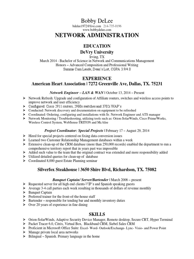 Network Engineer Resume for Bobby DeLee | PDF