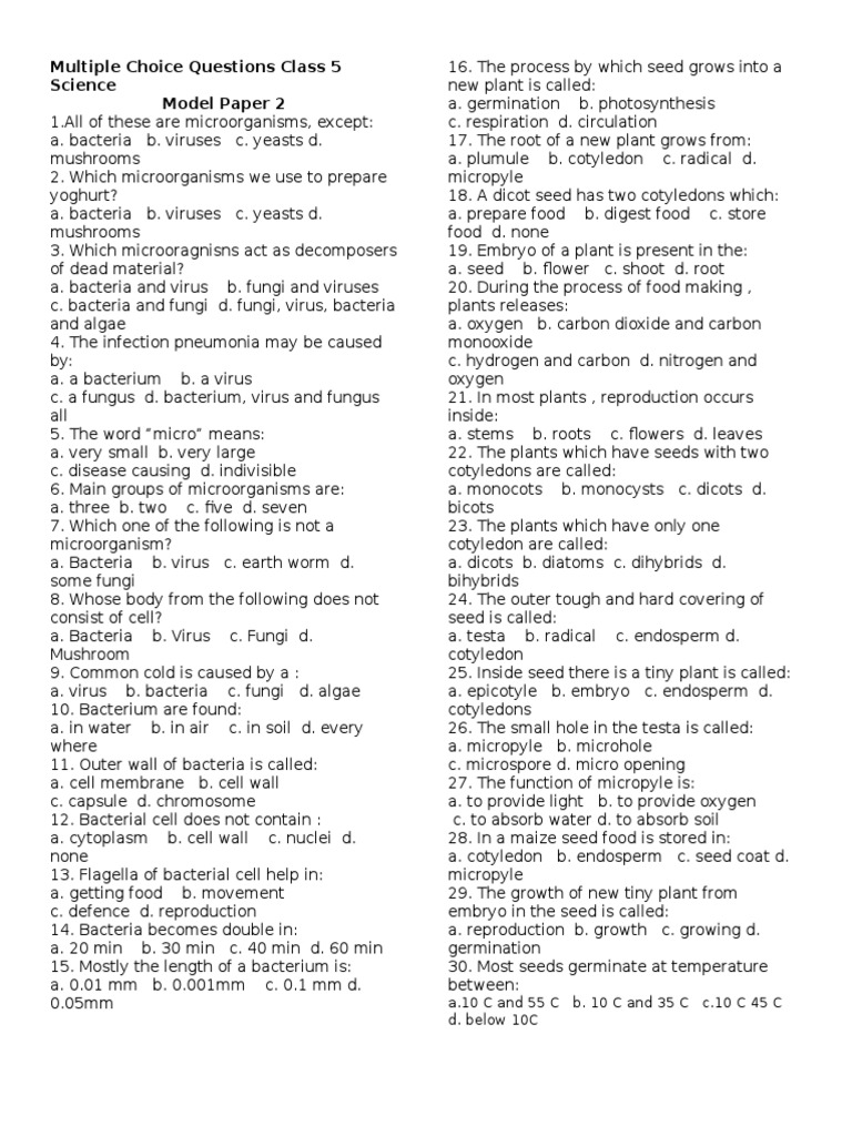 Multiple Choice Questions Class 5 Science | PDF | Seed | Bacteria