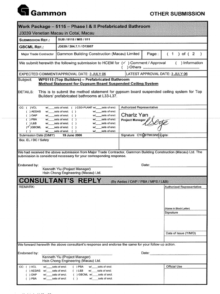 Method Statement For Gypsum Board Suspended Ceiling System | PDF ...