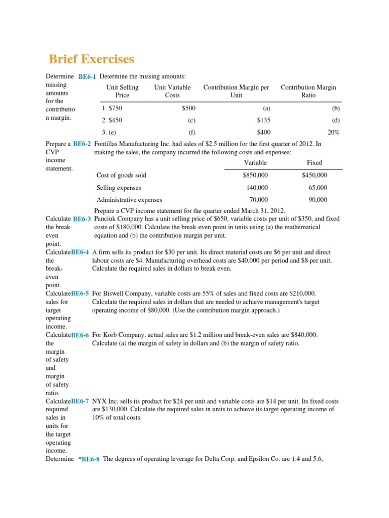 Break-Even Analysis Exercises: Calculating Break-Even Points, Contribution Margins, and More ...