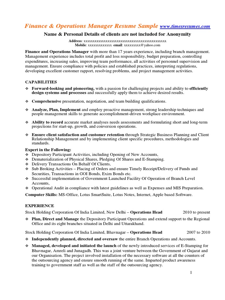 Finance & Operations Manager Resume Sample | PDF | Securities (Finance ...