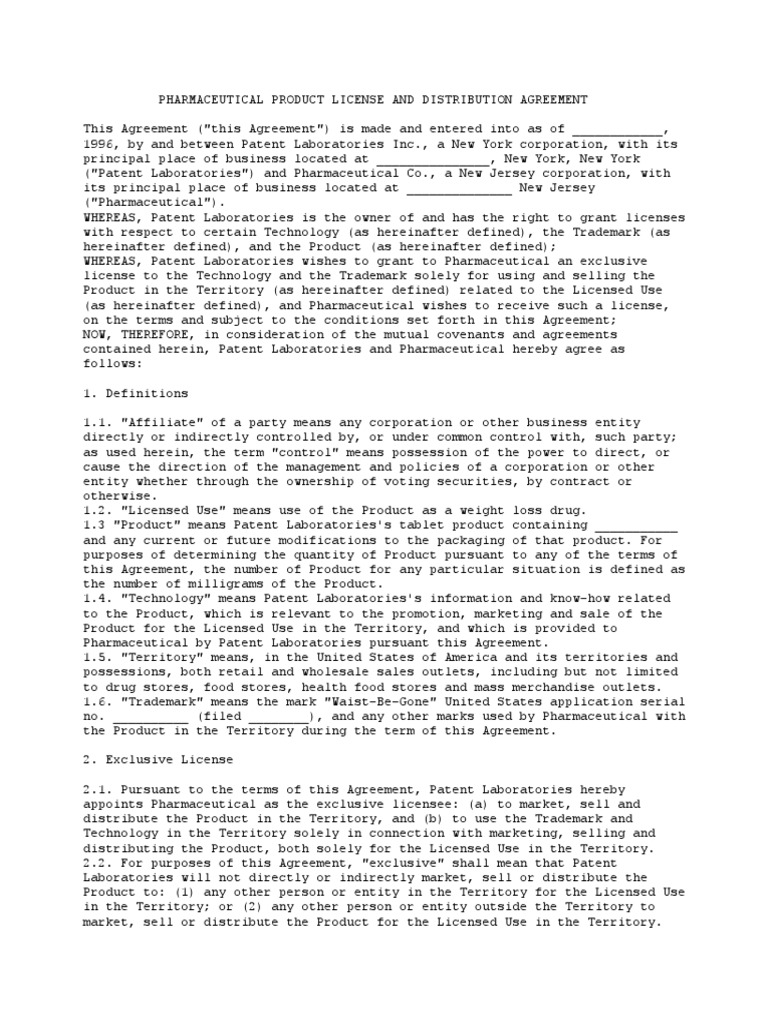 FORM 39 Pharmaceutical Product License and Distribution Agreement | PDF ...