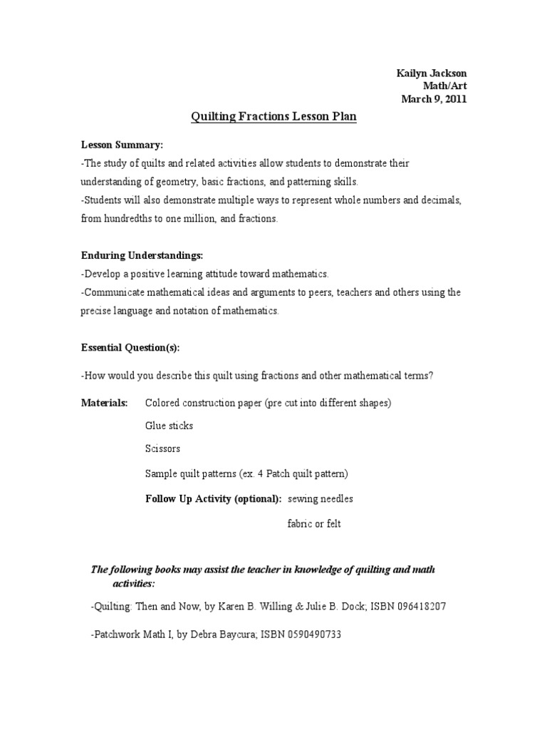 Fraction Quilts: A Math Lesson Plan | PDF | Quilt | Shape
