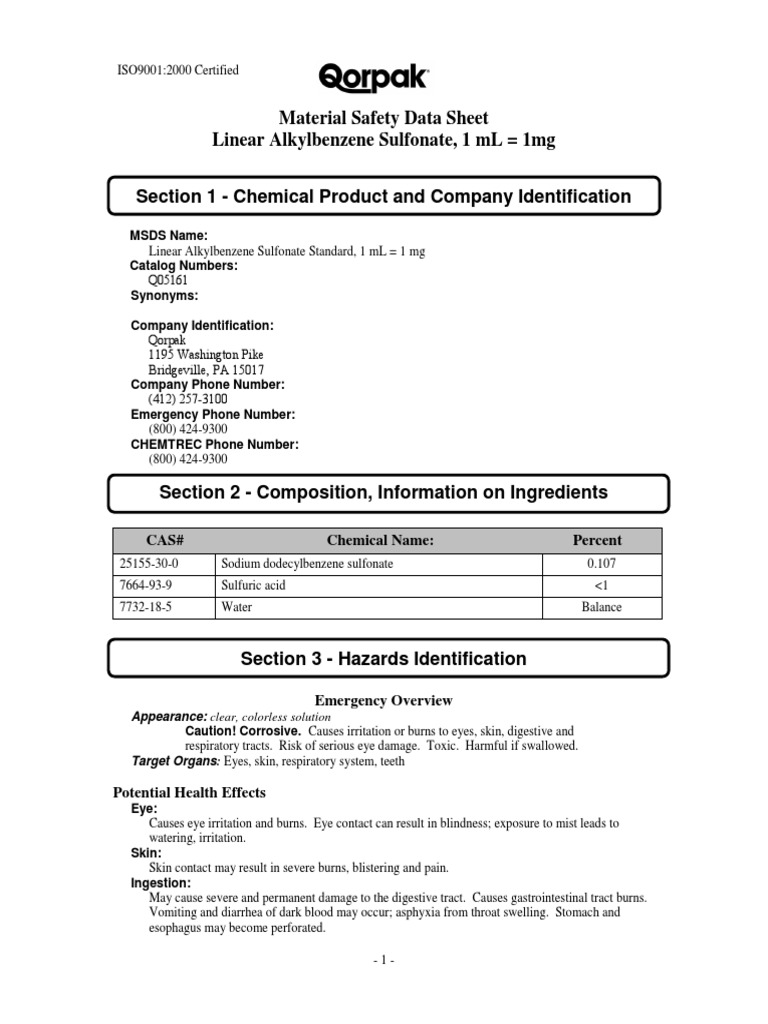 MSDS LAS (Linear Alkyl Benzene Sulfonic) | Bronchitis | Burn