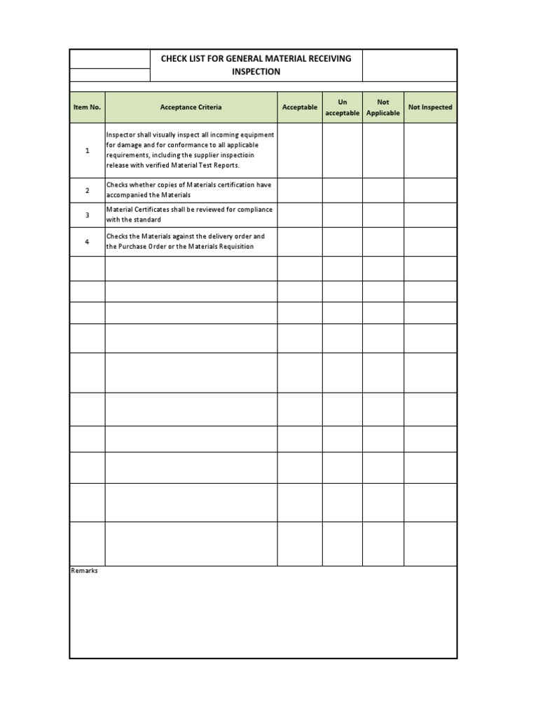 Check List For General Material Receiving Inspection | PDF | Evaluation ...