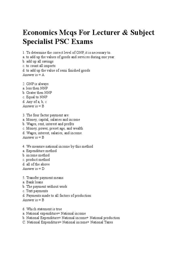 Economics Mcqs For Lecturer | PDF | Money Supply | Measures Of National Income And Output