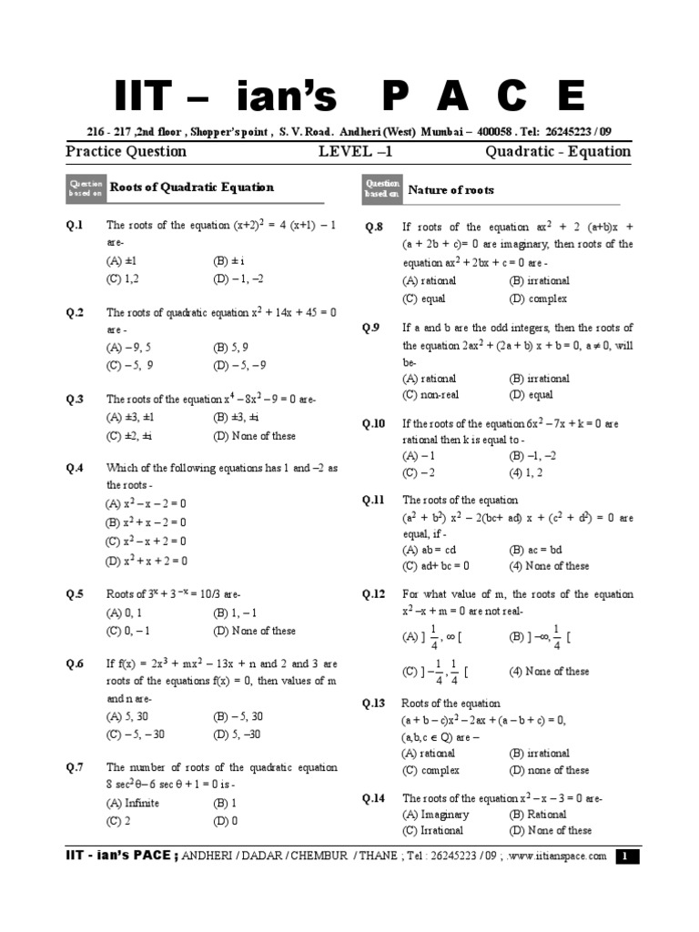 Quadratic - Equation (Practice Question) | PDF | Quadratic Equation ...