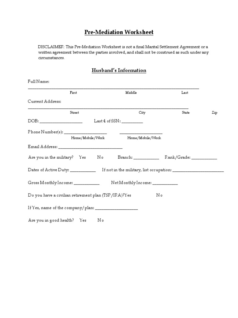 Pre-Mediation Worksheet Form | PDF | Marriage, Unions And Partnerships ...