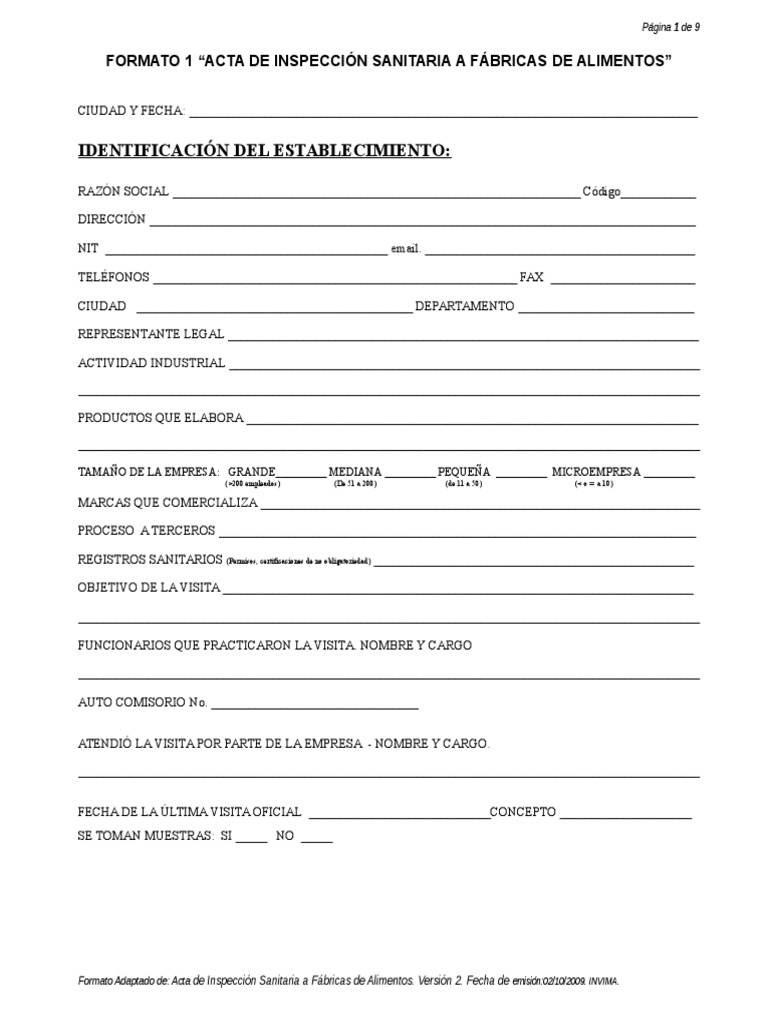 Formato 1. Acta de Inspección Sanitaria A Fábricas de Alimentos INVIMA | PDF | Agua | Alimentos