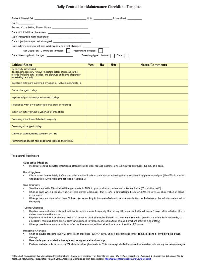 CLABSI Toolkit Tool 3-23 Daily Central Line Maintenance Checklist Word ...