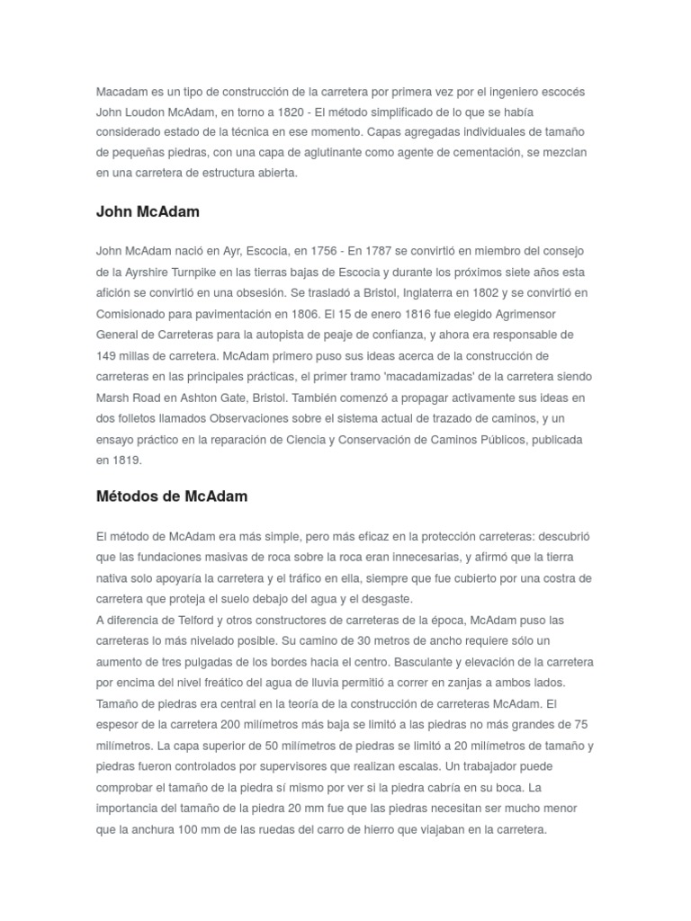 Macadam Es Un Tipo de Construcción de La Carretera Por Primera Vez Por ...