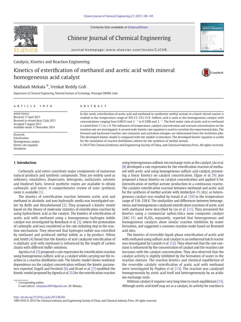 Kinetics of Esterification of Methanol and Acetic Acid With Mineral ...
