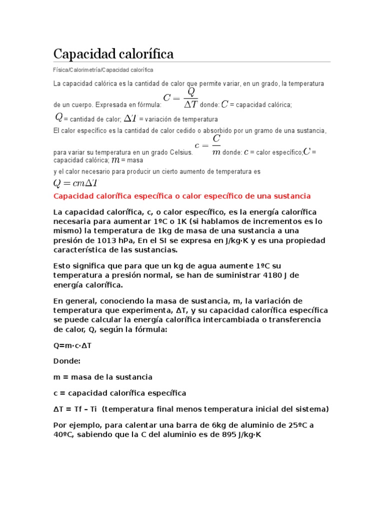 Fórmulas y ejemplos de capacidad calorífica | PDF | Capacidad ...