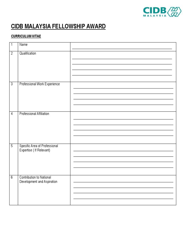 CIDB Malaysia Fellowship CV Template | PDF | Business