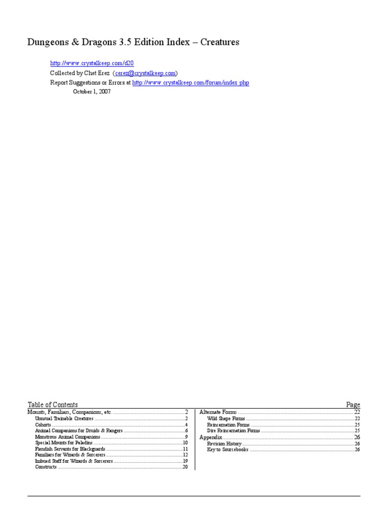 DND 3.5 Creature Index | PDF | Wizards Of The Coast Games | Dungeons ...