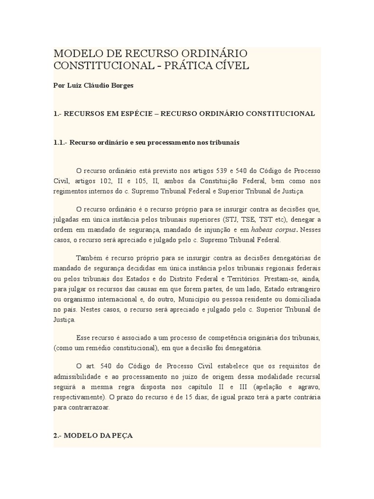 Modelo De Recurso Ordinário Constitucional Pdf Mandamus