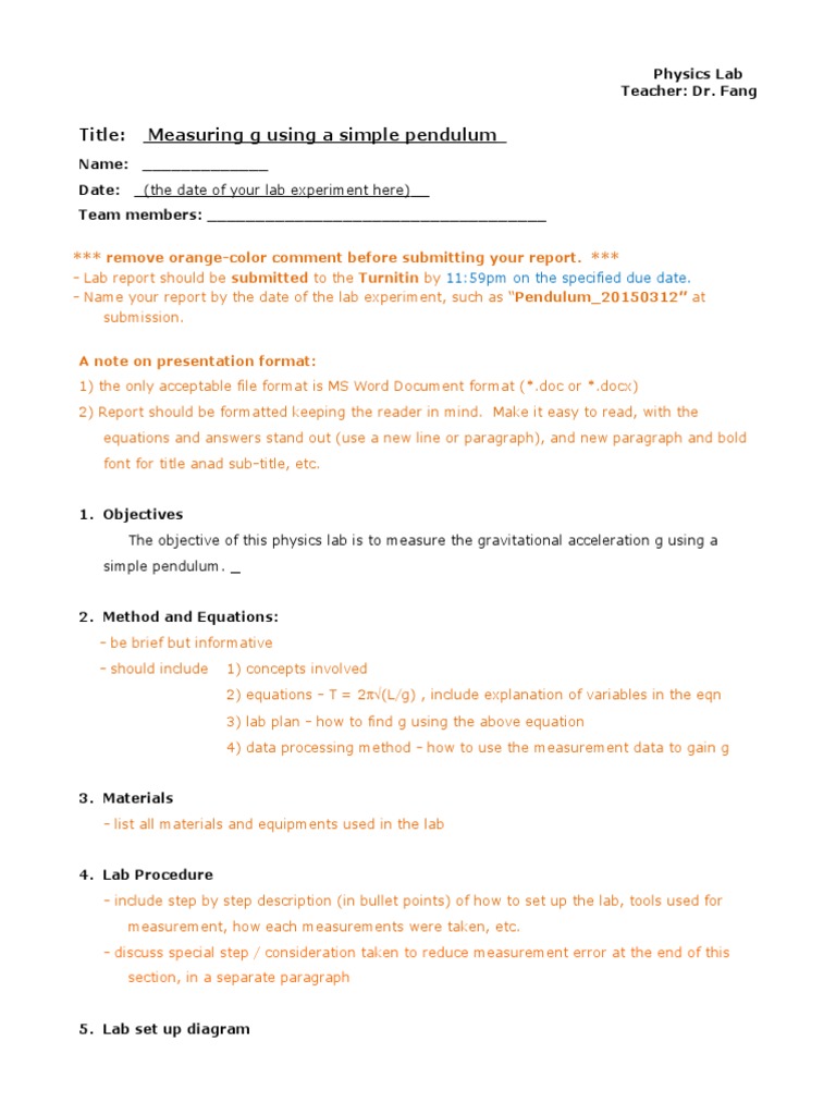 Title: Measuring G Using A Simple Pendulum: (The Date of Your Lab ...