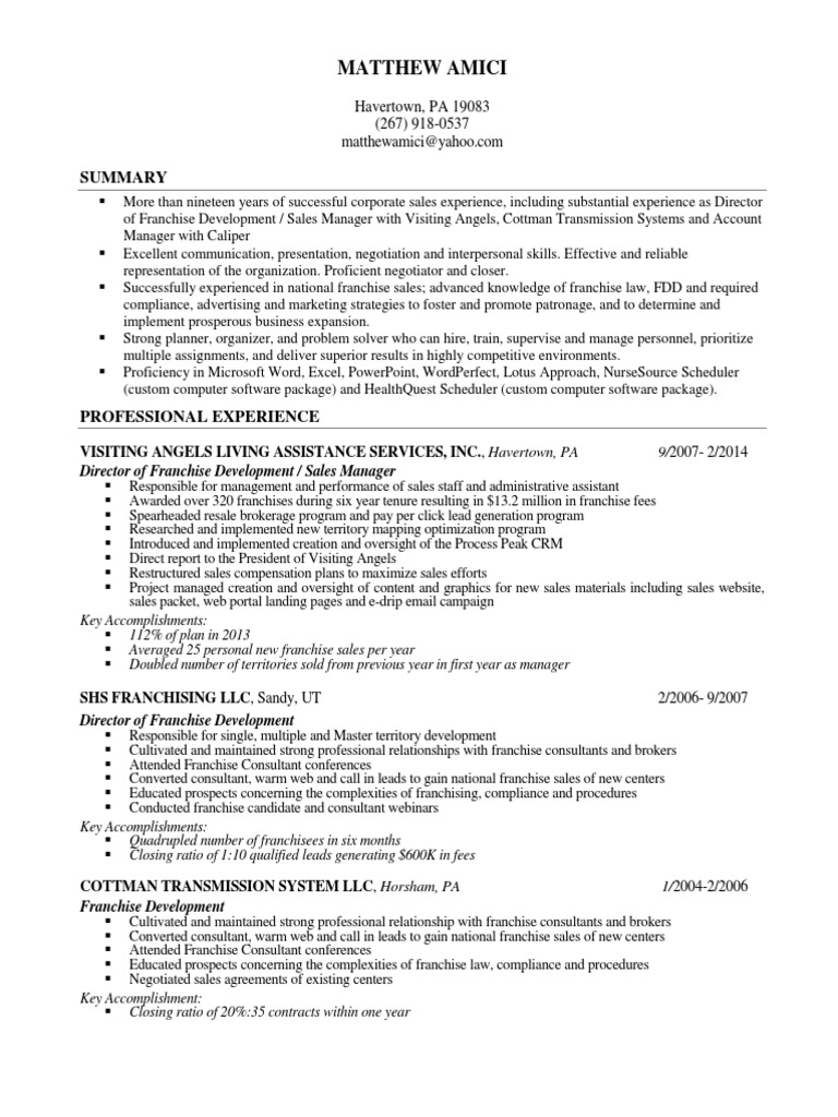 Director VP Franchise Development In United States Resume Matthew Amici ...