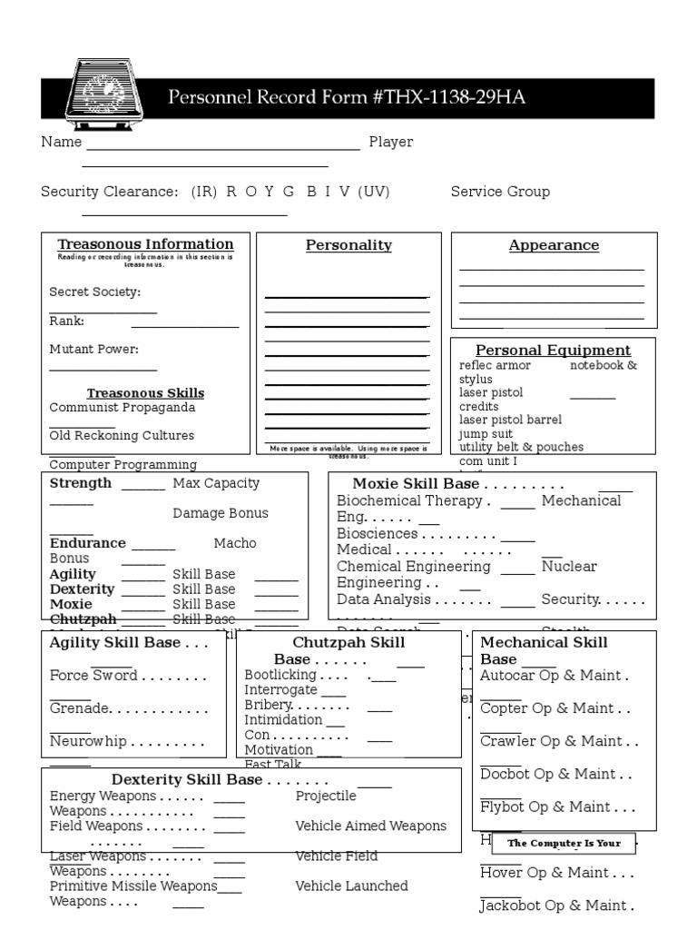 Paranoia 2nd Edition Character Sheet | PDF