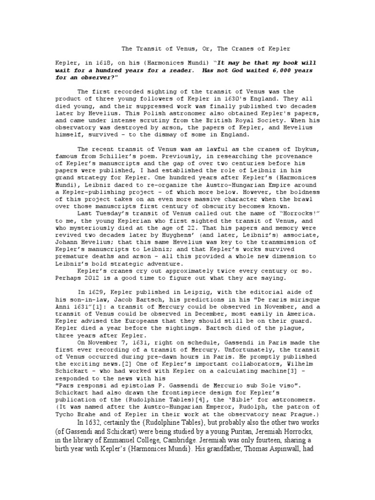The Transit of Venus, or The Cranes of Kepler | PDF | Johannes Kepler ...