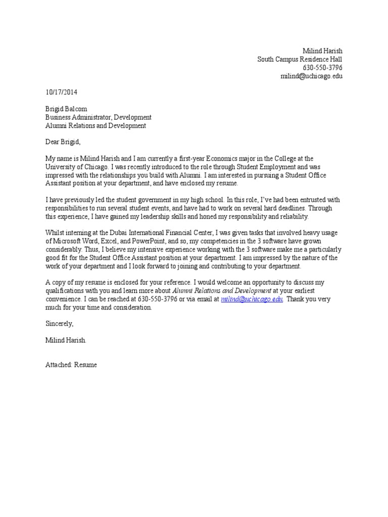 Cover Letter for UChicago Assistant Role | PDF | Finance & Money Management