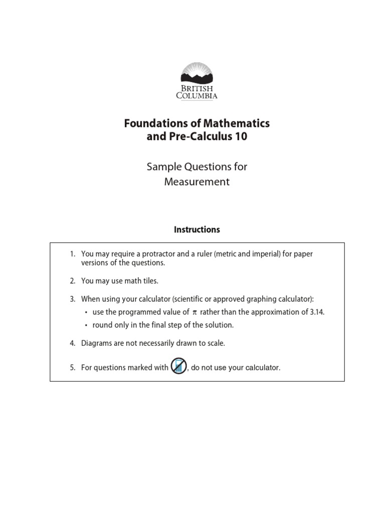 Foundations of Mathematics and Pre-Calculus 10: Sample Questions For Measurement | PDF | Area ...