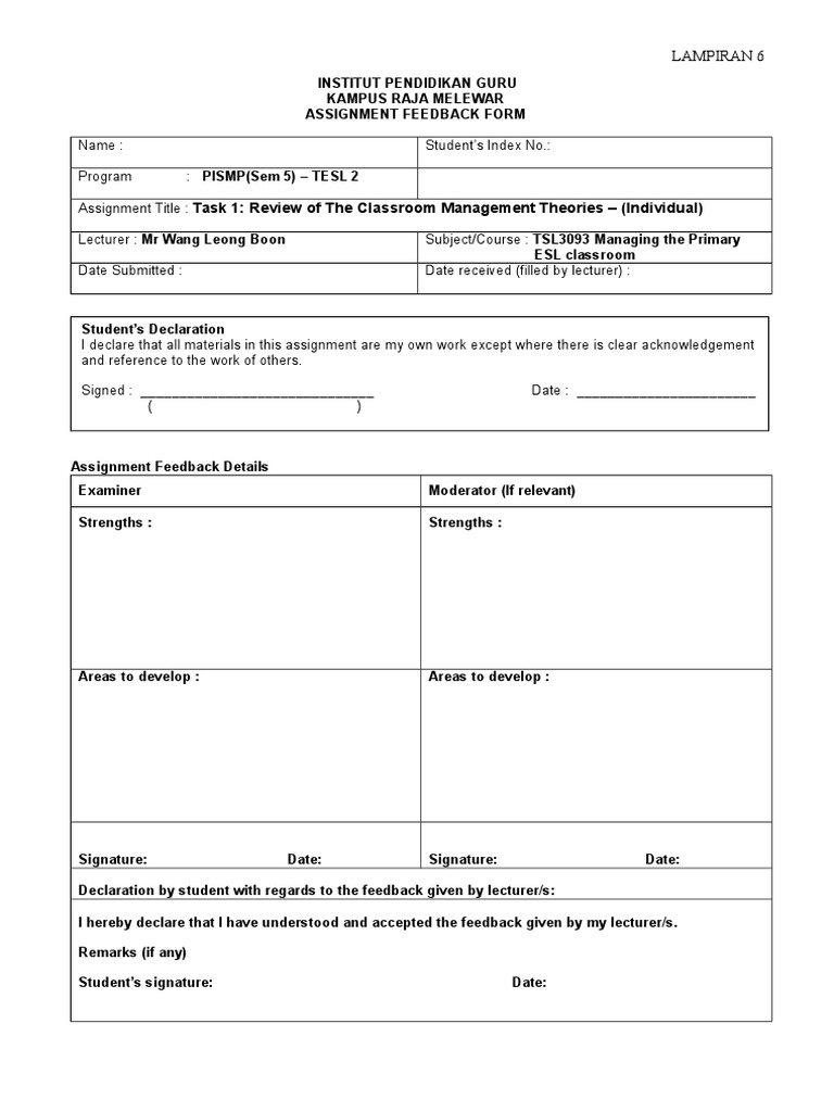 TSL3093 Assignment Feedback Forms | PDF | Psychological Concepts | Communication