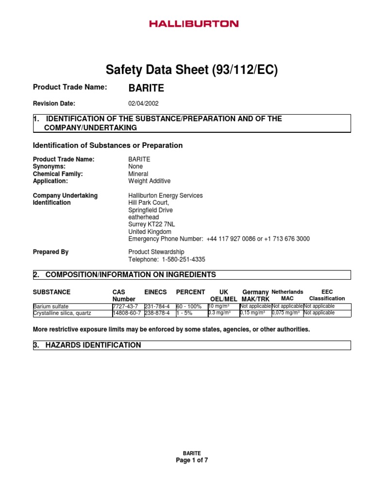 Safety Data Sheet (93/112/EC) : Barite | PDF | Toxicity | Silicon Dioxide
