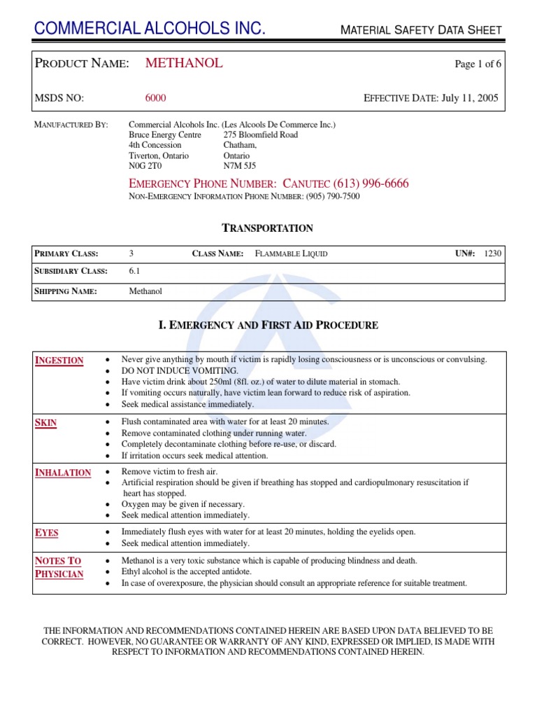 MSDS Methanol | PDF | Methanol | Ethanol