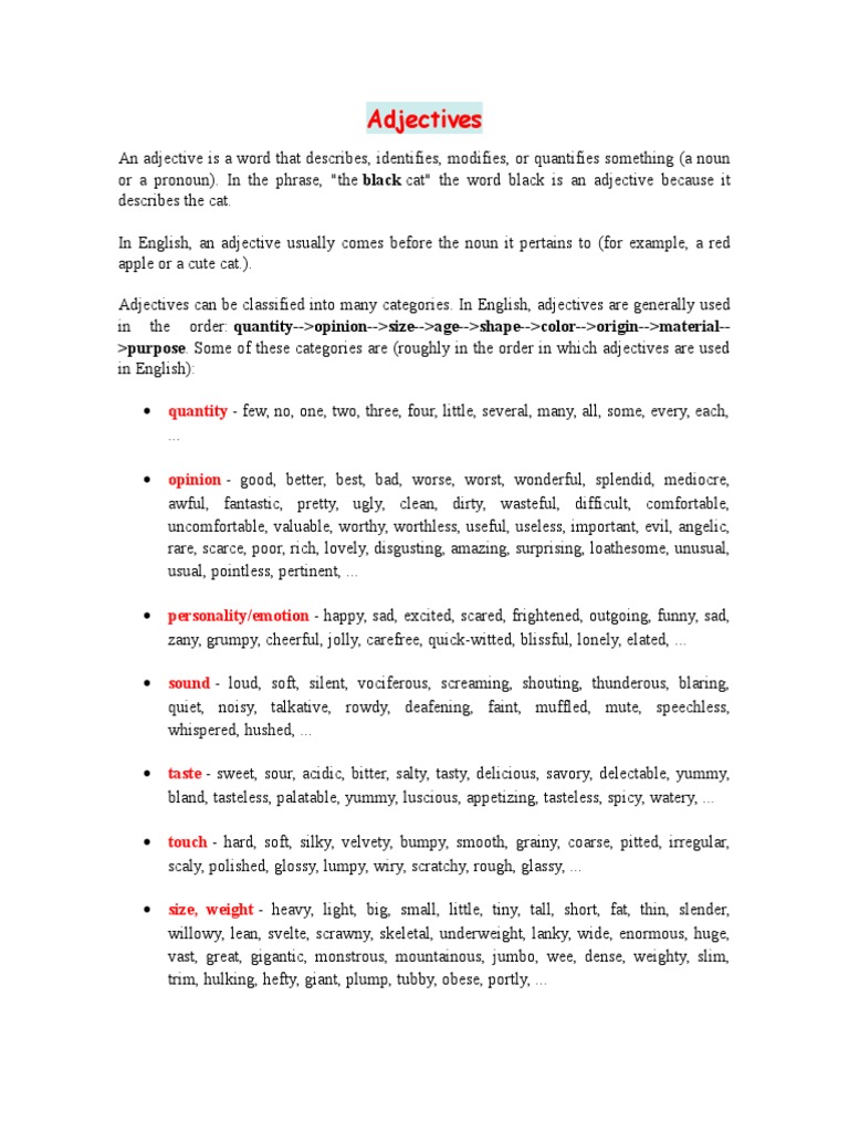 Adjectives: Purpose. Some of These Categories Are (Roughly in The Order ...