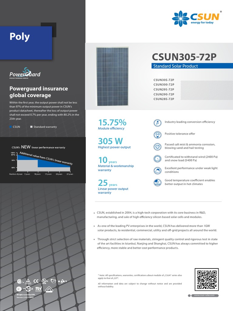 Product Specifications and Performance Data for the CSUN 305-72P ...