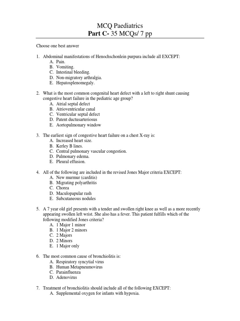 Part C-35 MCQS/ 7 PP: MCQ Paediatrics | PDF | Congenital Heart Defect ...