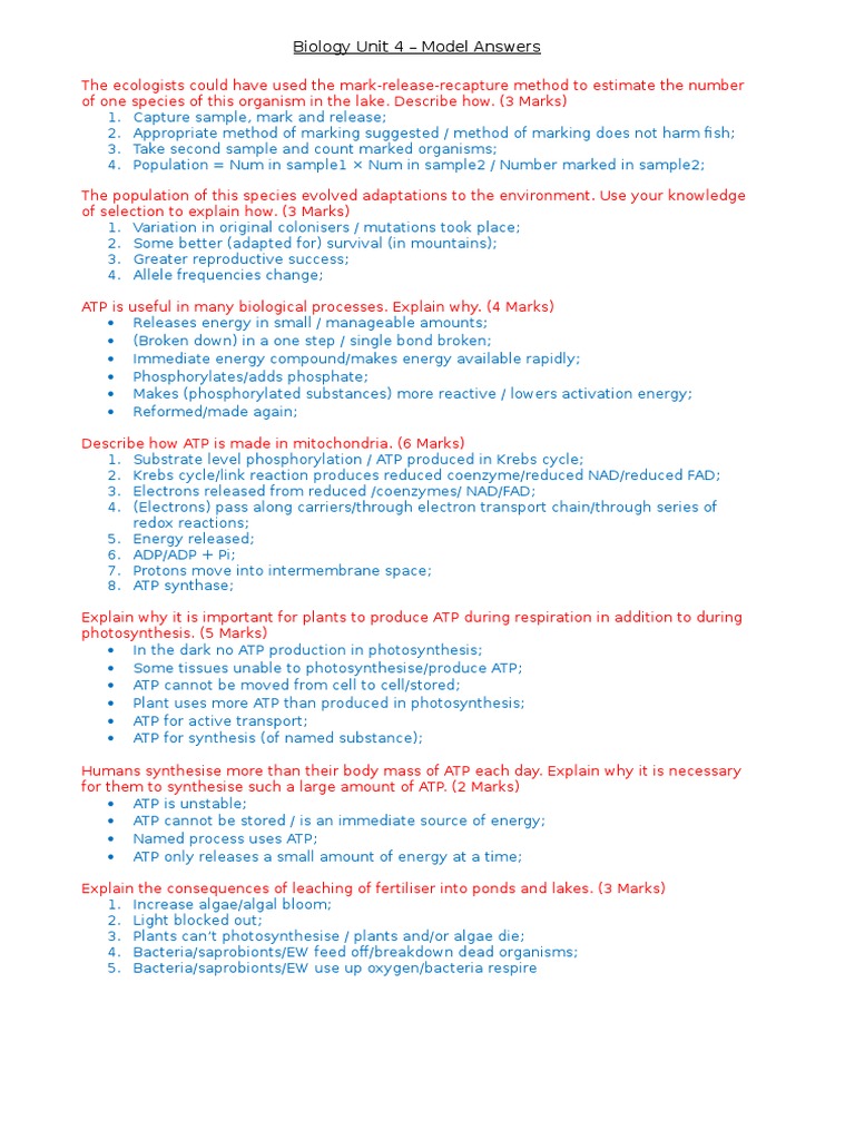 Biology Unit 4 Model Answers | PDF | Photosynthesis | Adenosine ...