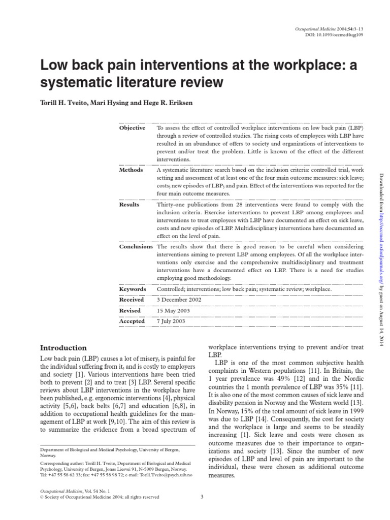 Low Back Pain Interventions at The Workplace | PDF | Low Back Pain ...