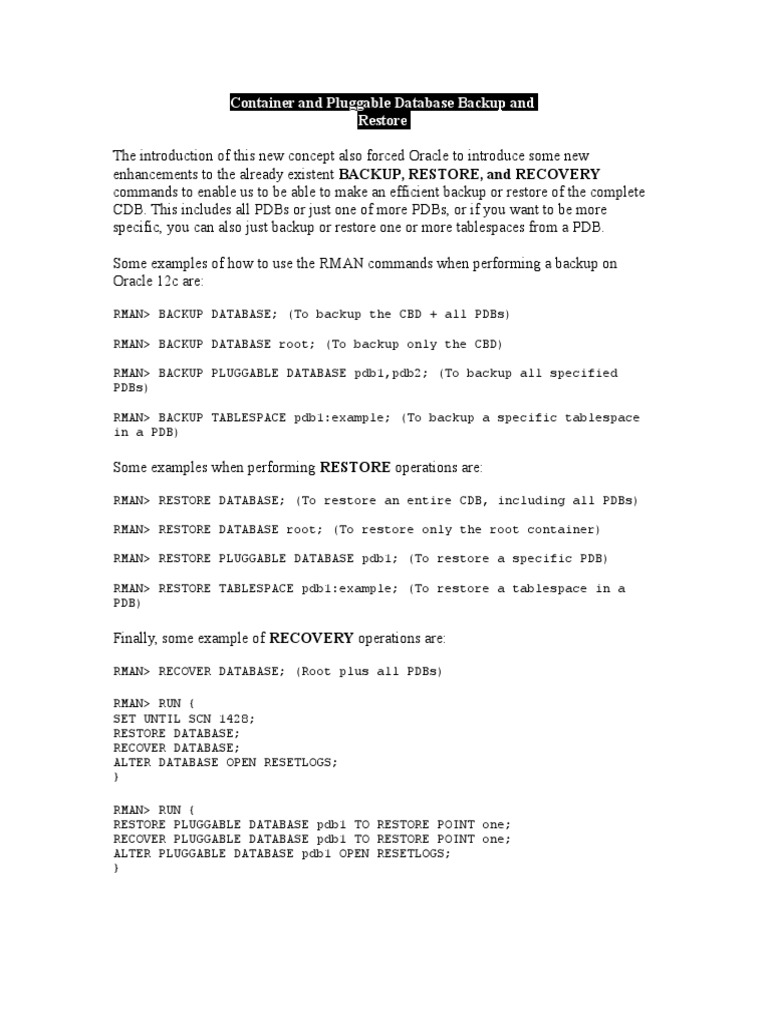 Oracle 12c Container and Pluggable Database Backup and Restore | PDF
